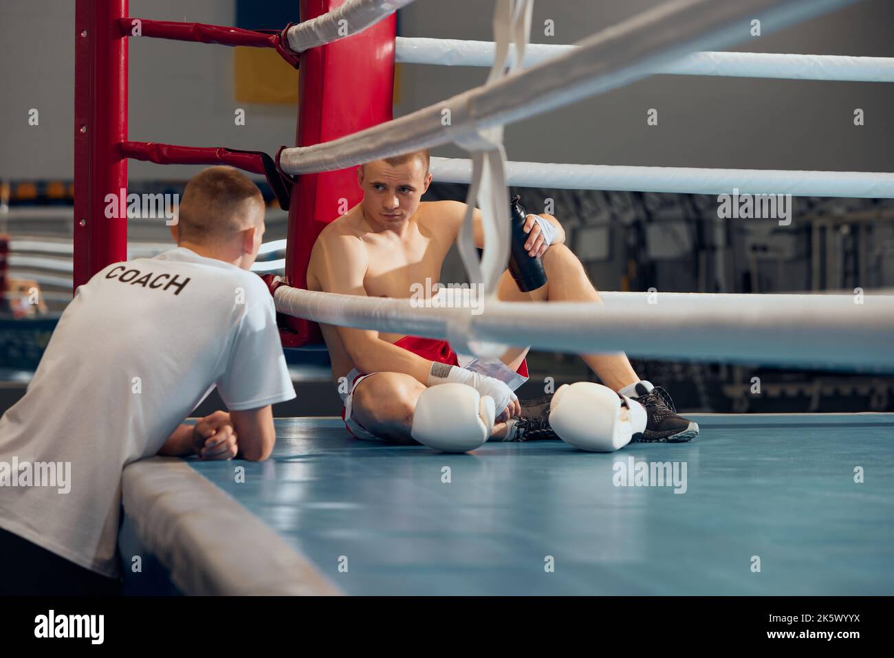 Pre-fight consultation. Young boxer training with personal coach ...