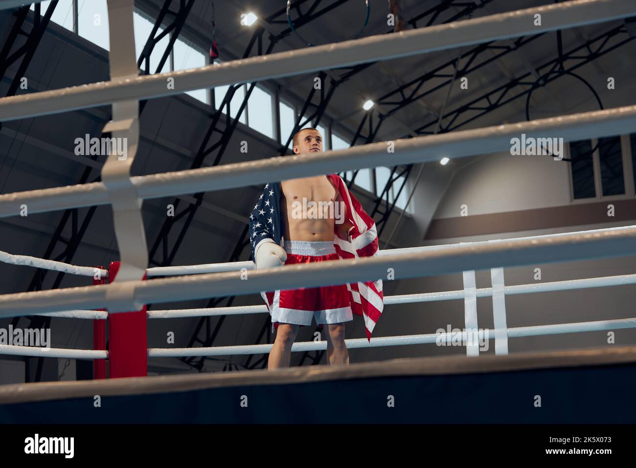 Winner emotions. Male boxer with american flag on his shoulders ...