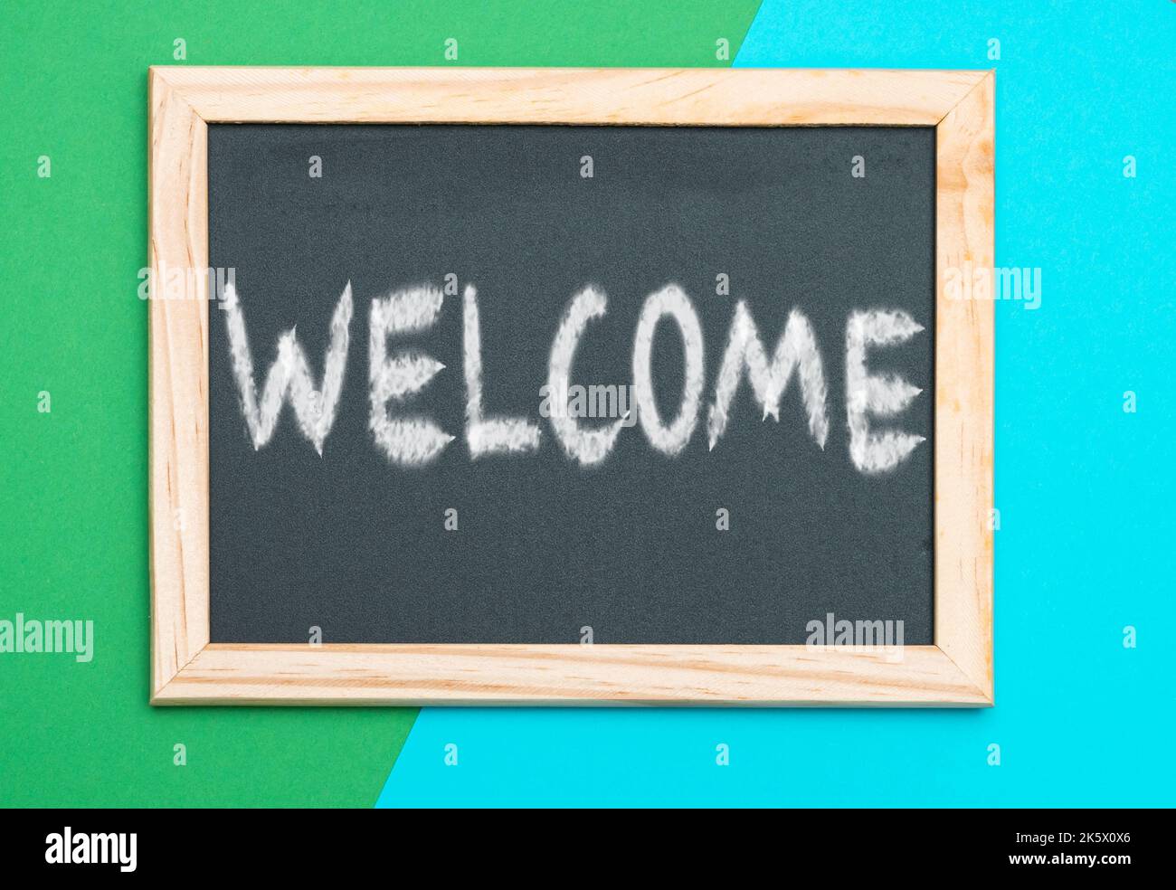 The blackboard with 'welcome' writing - school welcoming sign Stock ...