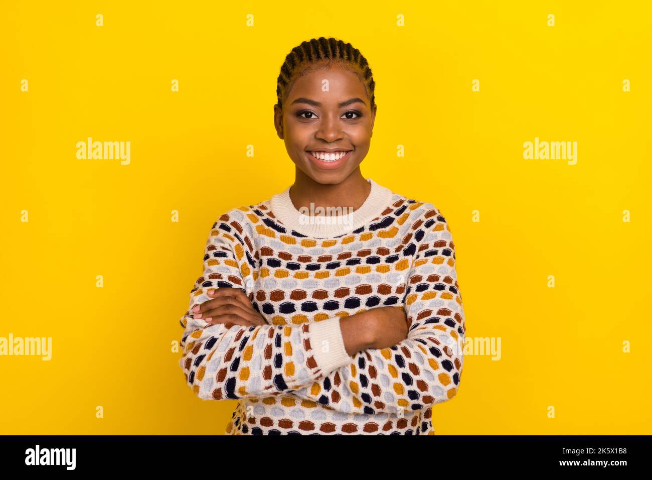 Photo of gorgeous cheerful lady dressed trendy printed clothes crossed ...