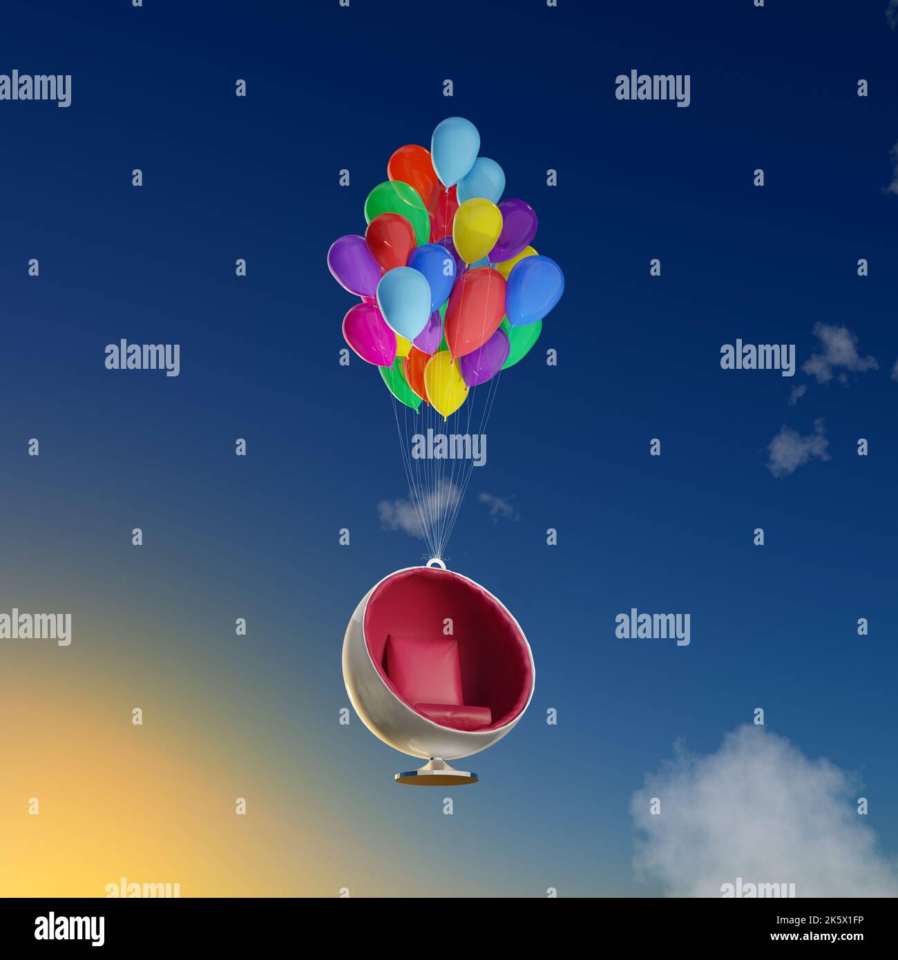 Ball Chair Flying In the Air with Helium Balloons - 3D Illustration ...