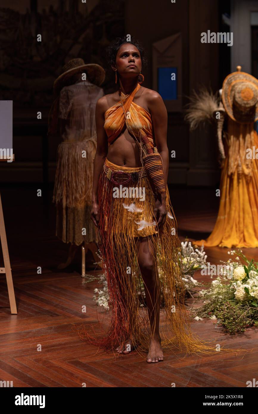 Melbourne, Australia - 10 Oct 2022, A model dressed in a design by Gapuwiyak Culture and Arts ...