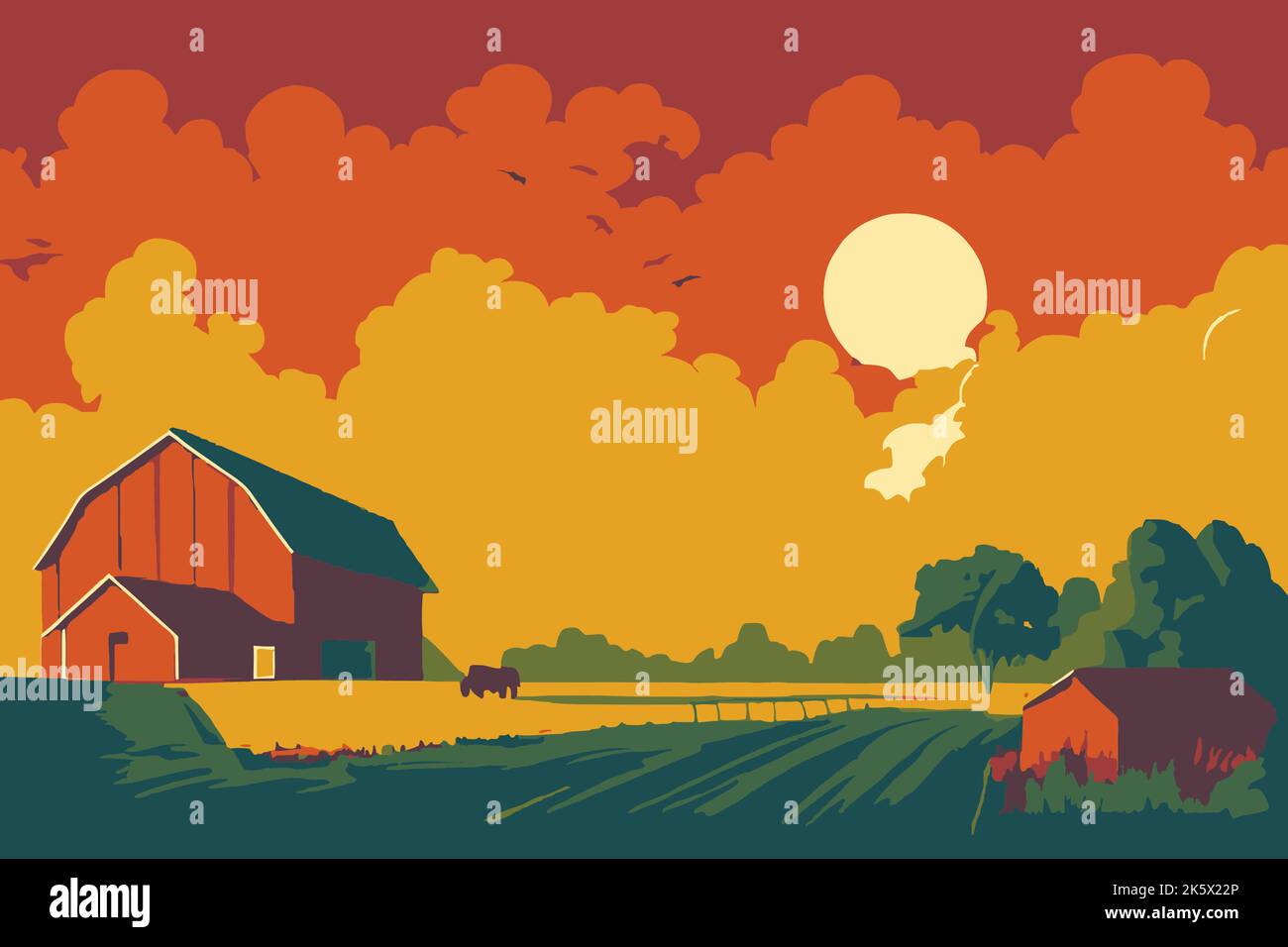The editable cartoon-style farmland with houses under the orange shaded ...