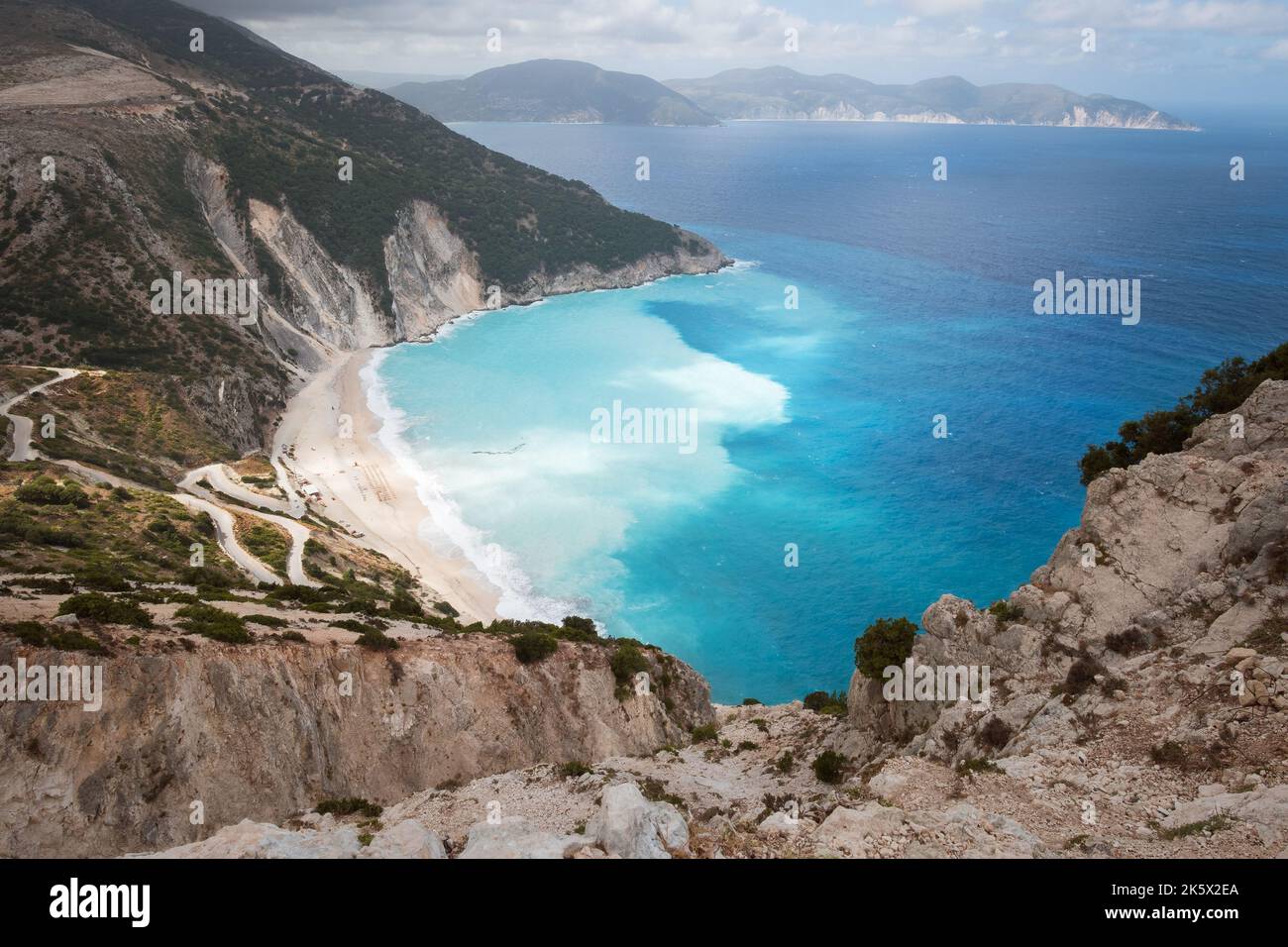 Myrtos Beach - unique turquoise water landmark seashore with a bright ...