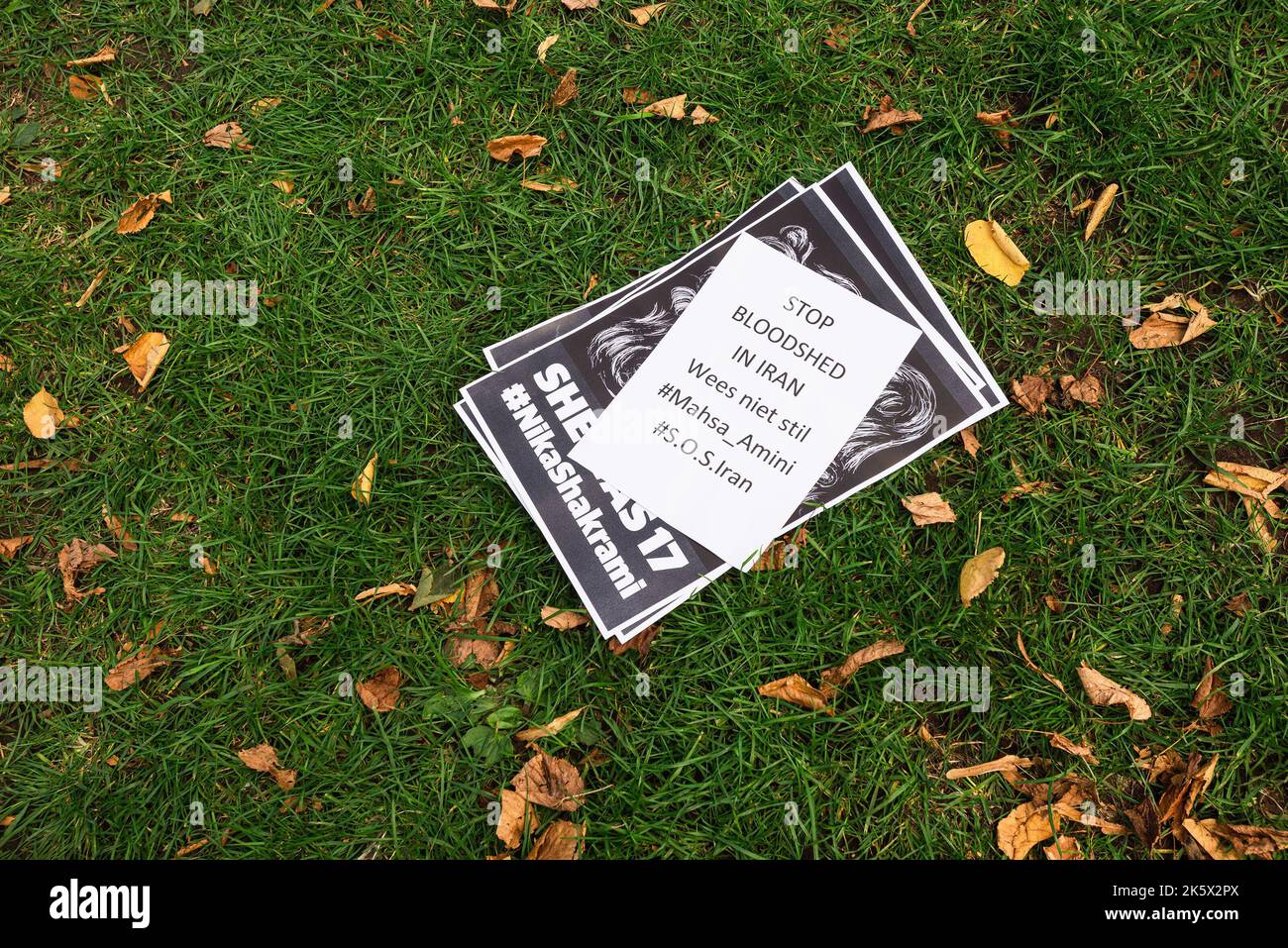 Placards seen on the ground during the demonstration on the Malieveld ...