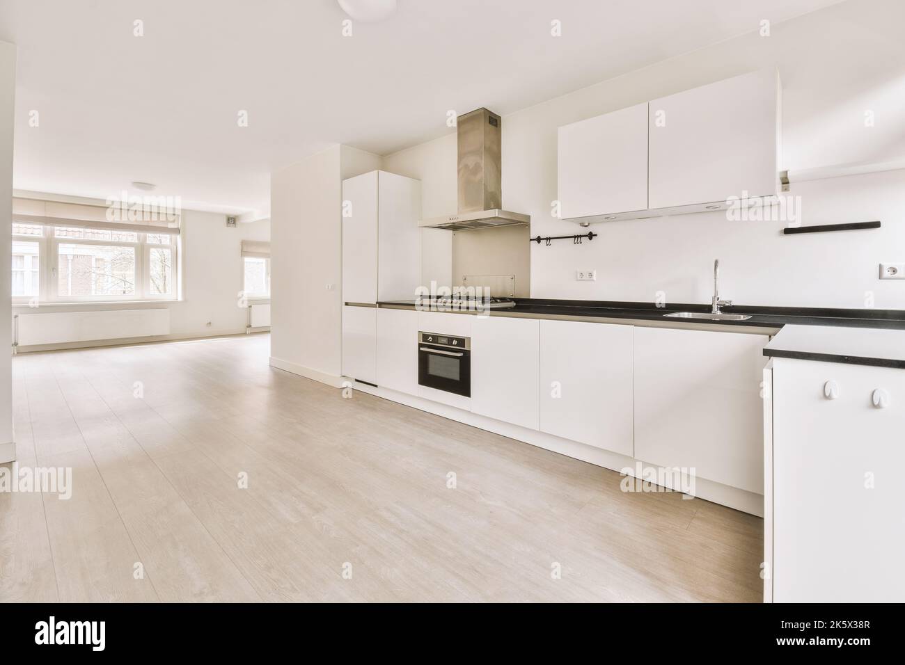 Interior of empty white kitchen with windows and wooden parquet floor ...