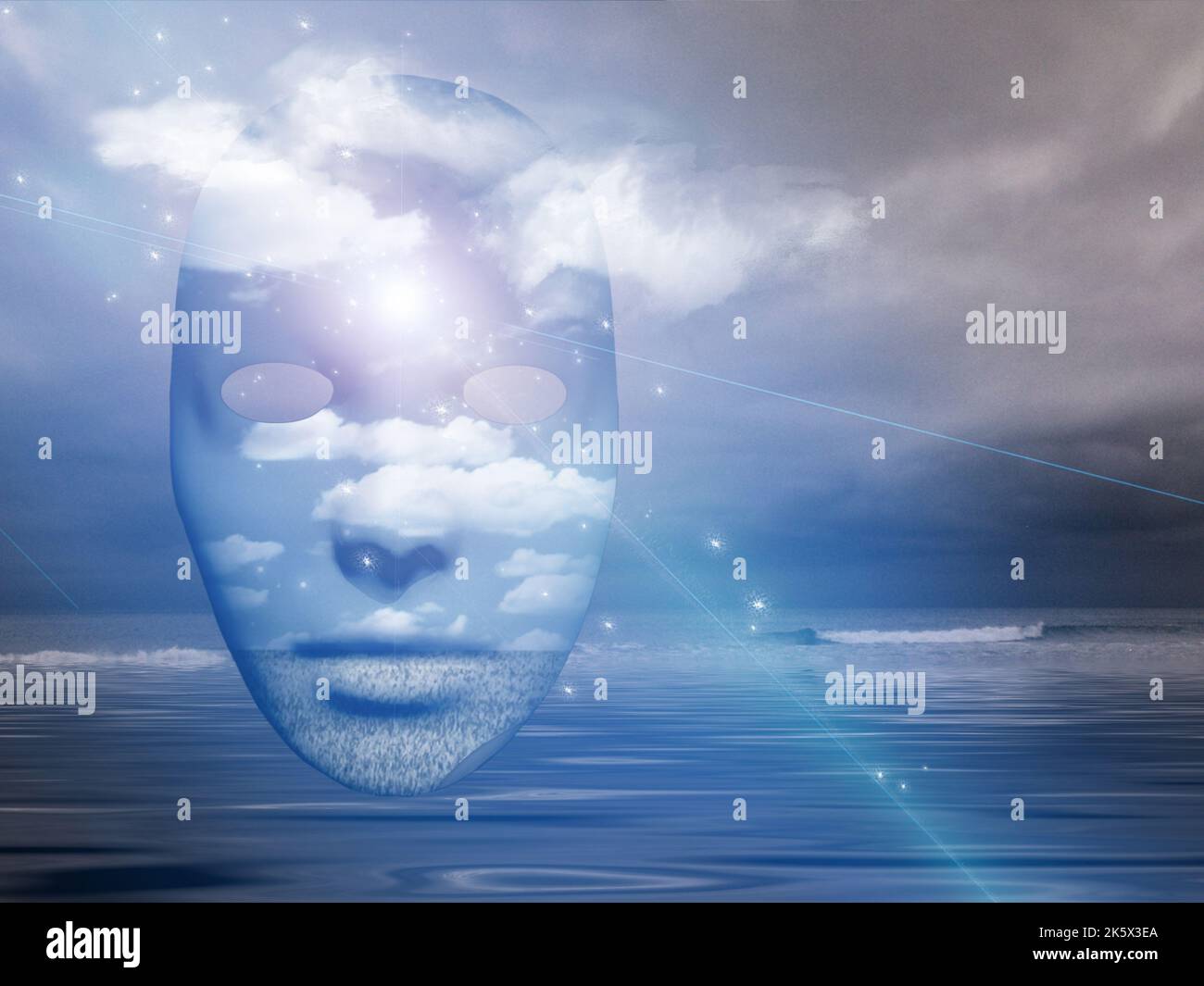 Mask with clouds and field hovers above seashore. Bright star on a ...
