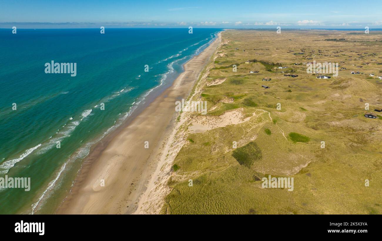 An aerial view of the beach and dunes of Hvide Sande at the North Sea ...