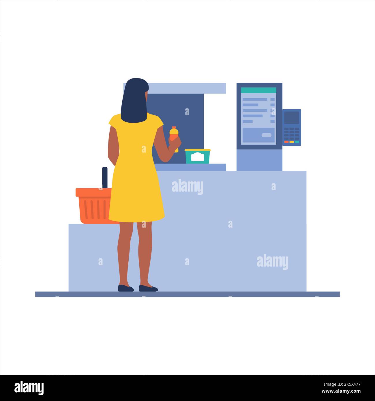 Woman doing grocery shopping and using the self-checkout at the supermarket, automation and ...