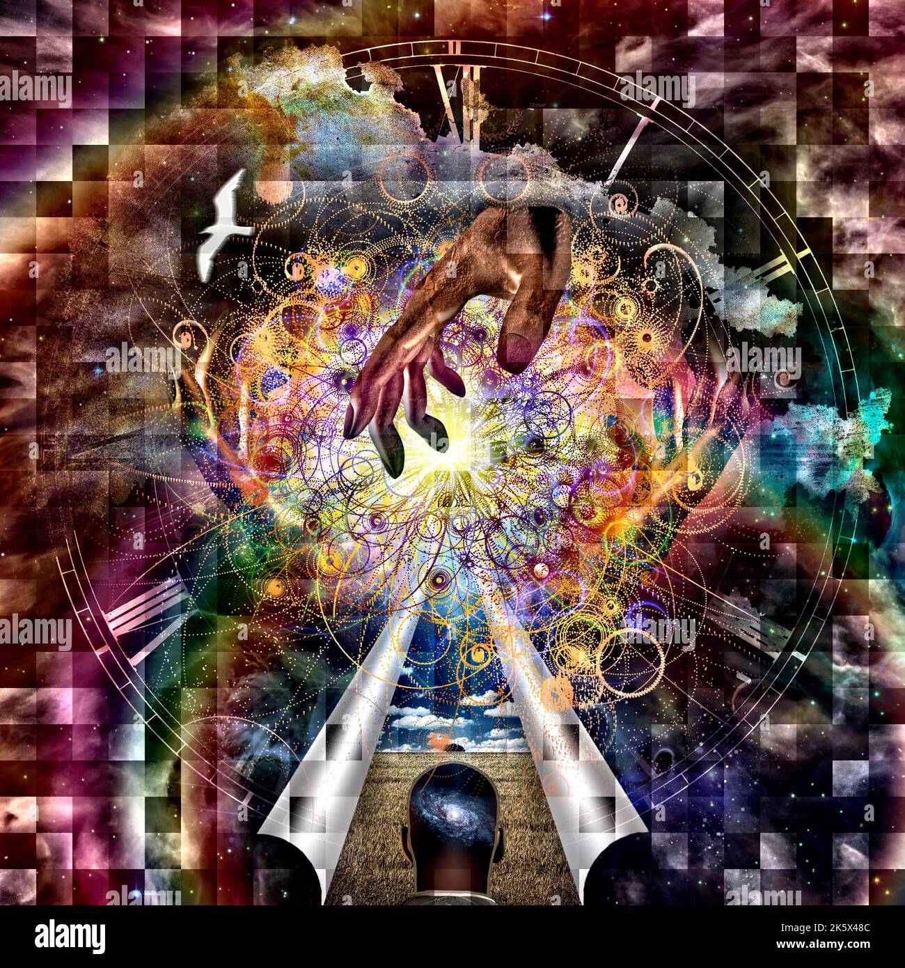 Vivid surreal painting. Hand of God. Man in another dimension behind ...