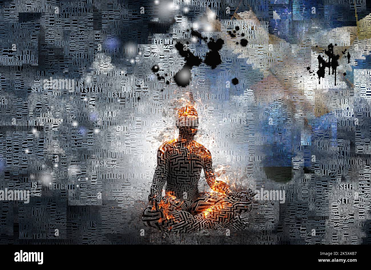 Abstract clouds. Burning man in lotus pose. Pattern of maze on his skin ...