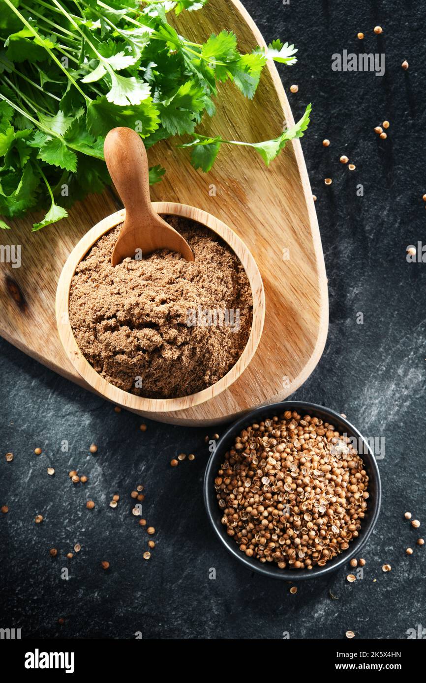 Composition with ground coriander, its dried seeds and fresh leaves ...