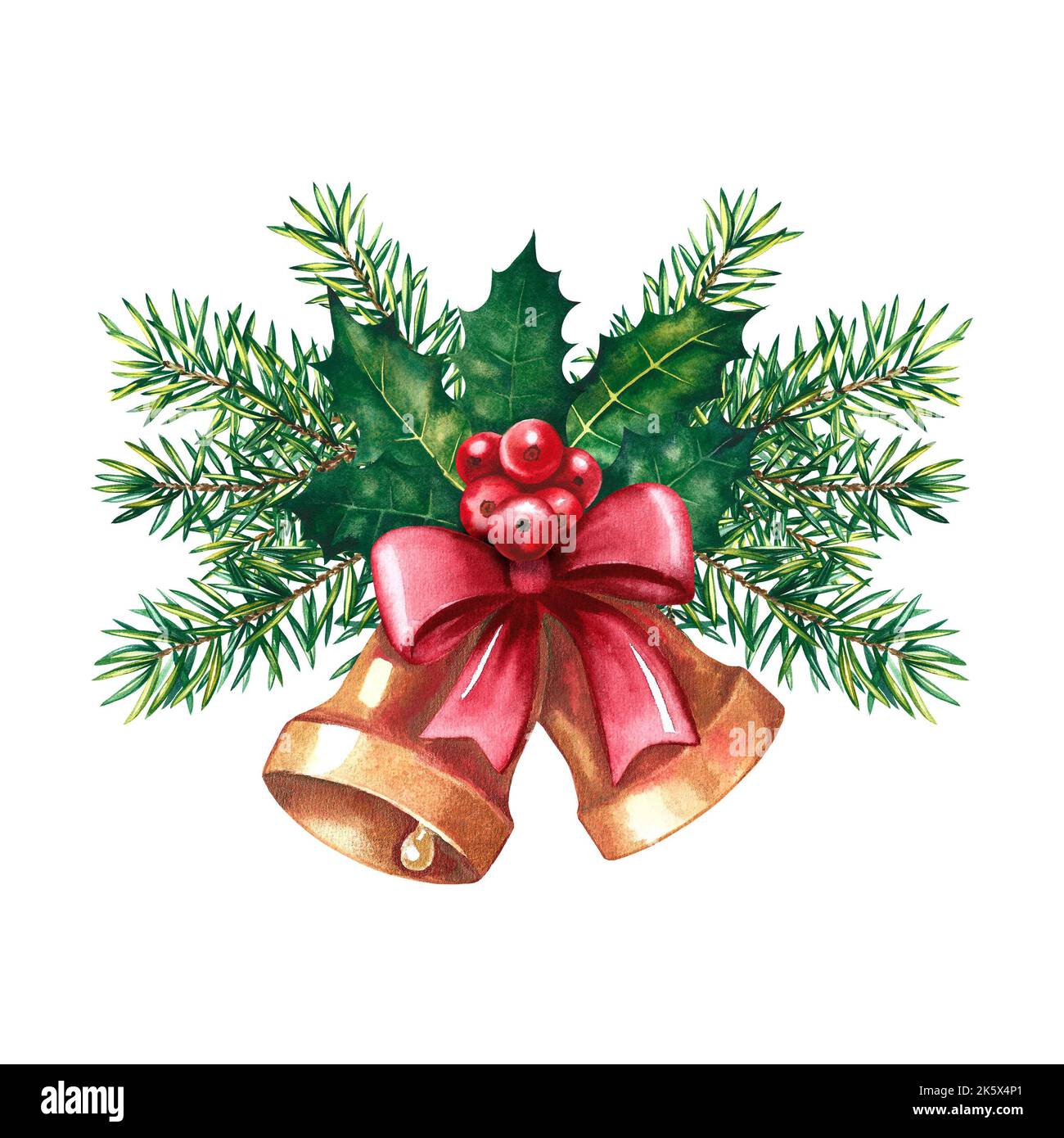 Christmas bells with red ribbon, fir branches and holly. Watercolor ...