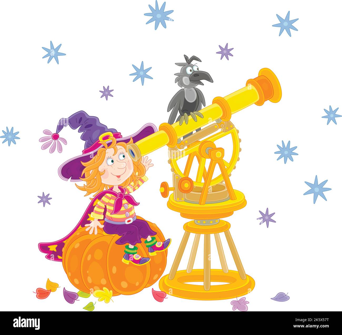 Happy little witch astronomer sitting on a large pumpkin and watching a ...