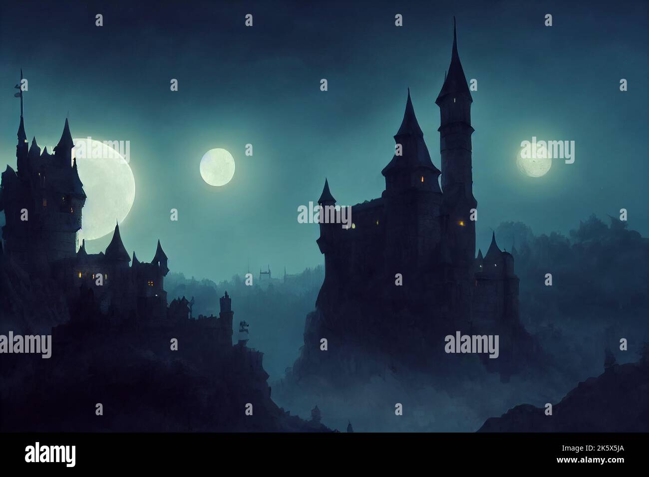 A digital artwork of castle silhouettes in a dark mystical night Stock ...