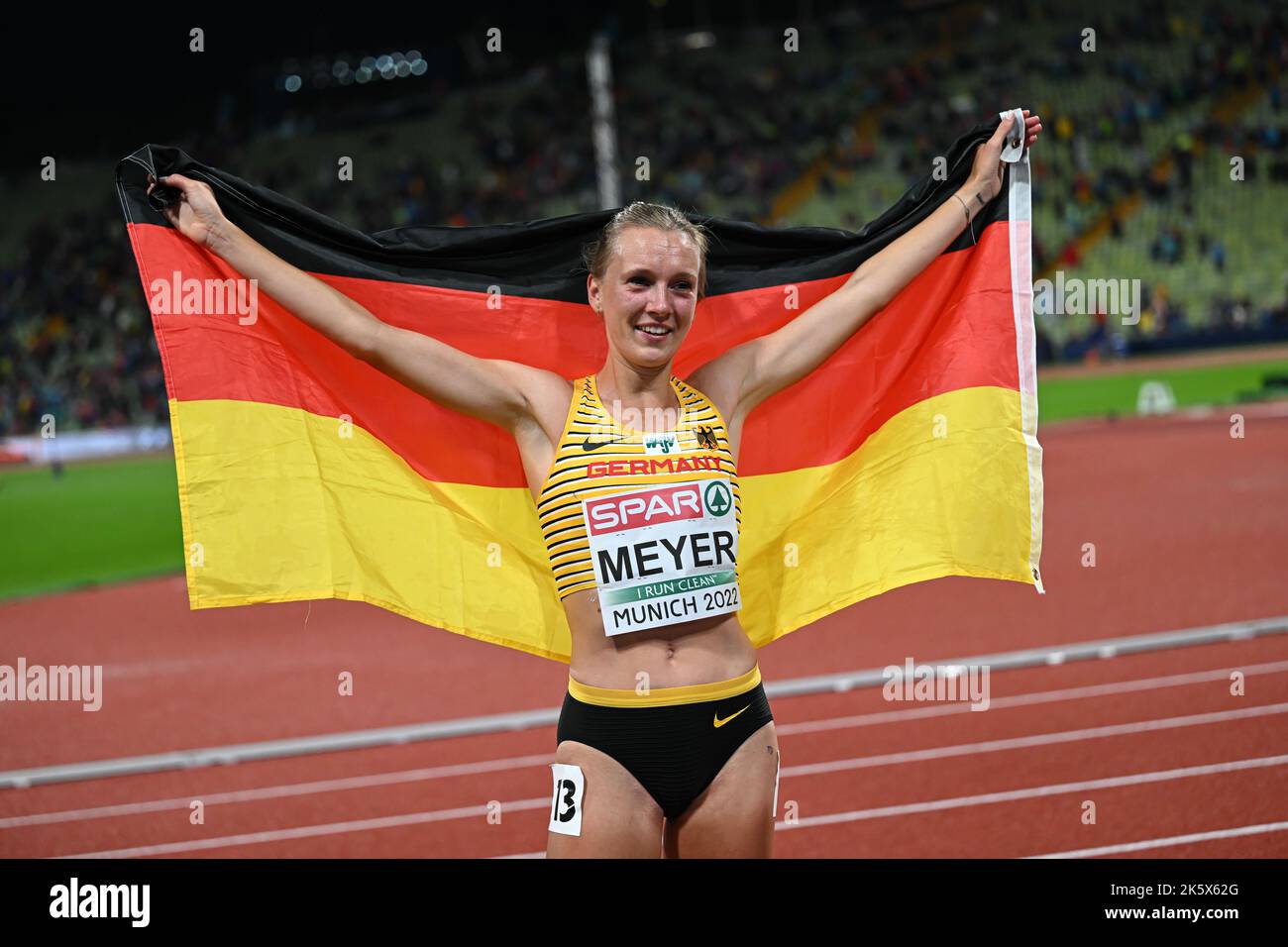 Lea Meyer with her country's flag of the 3000m steeplechase at the European Athletics ...