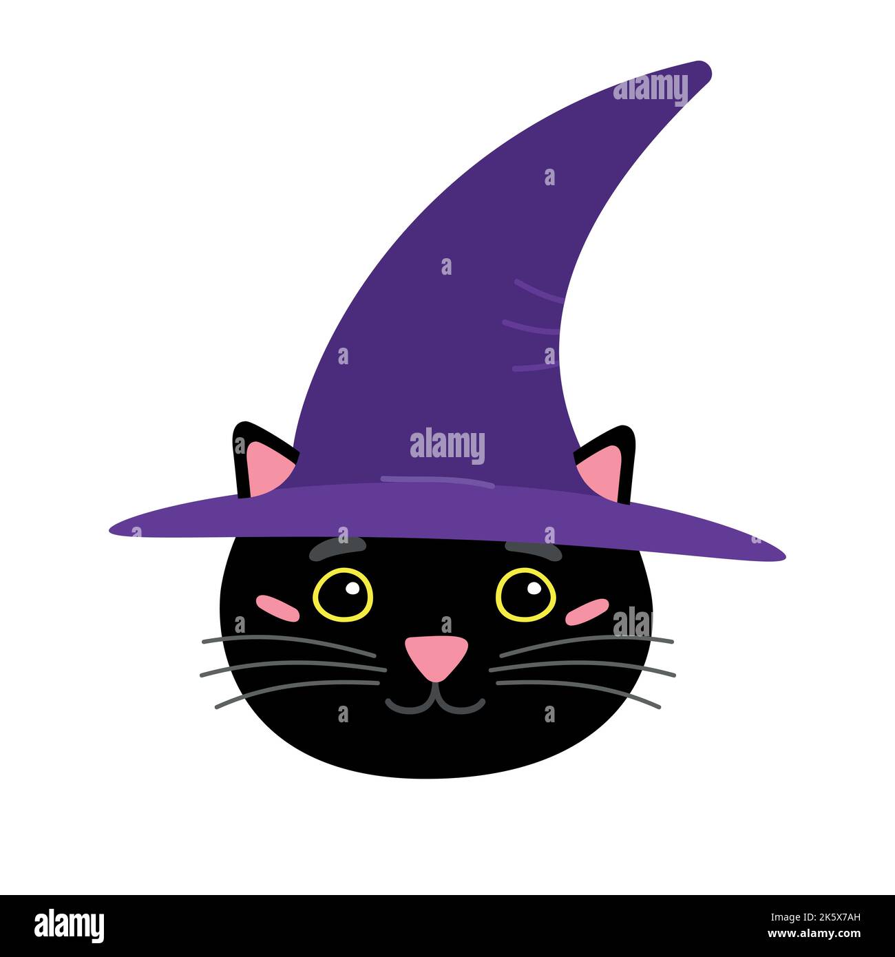 Vector flat hand drawn Halloween black cat face in witch hat isolated ...