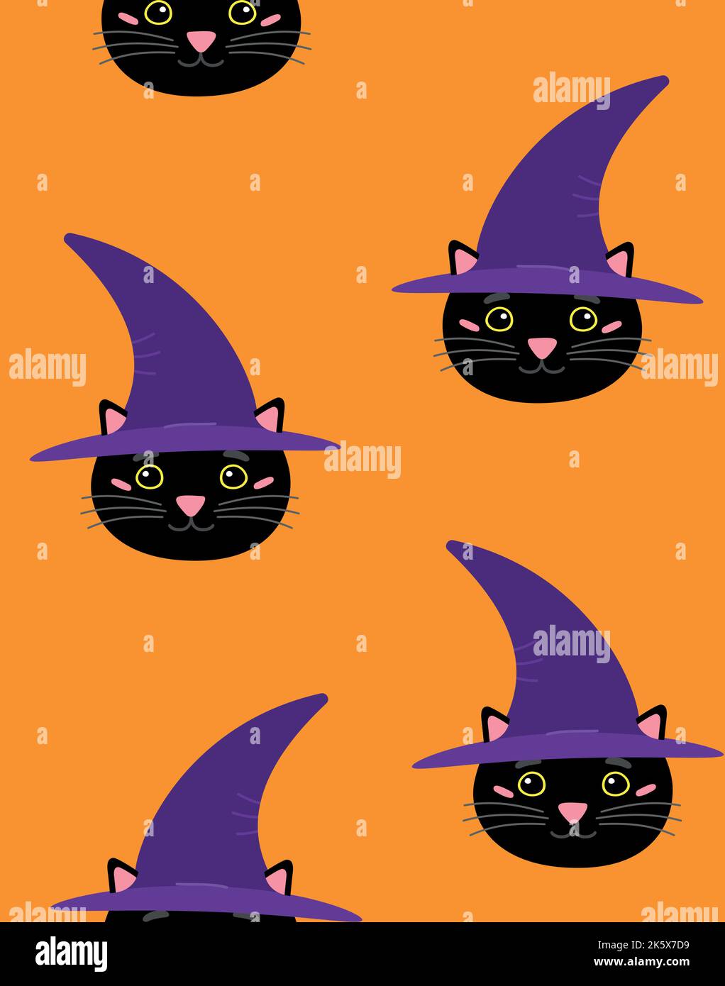 Vector seamless pattern of flat hand drawn Halloween cat face in witch ...