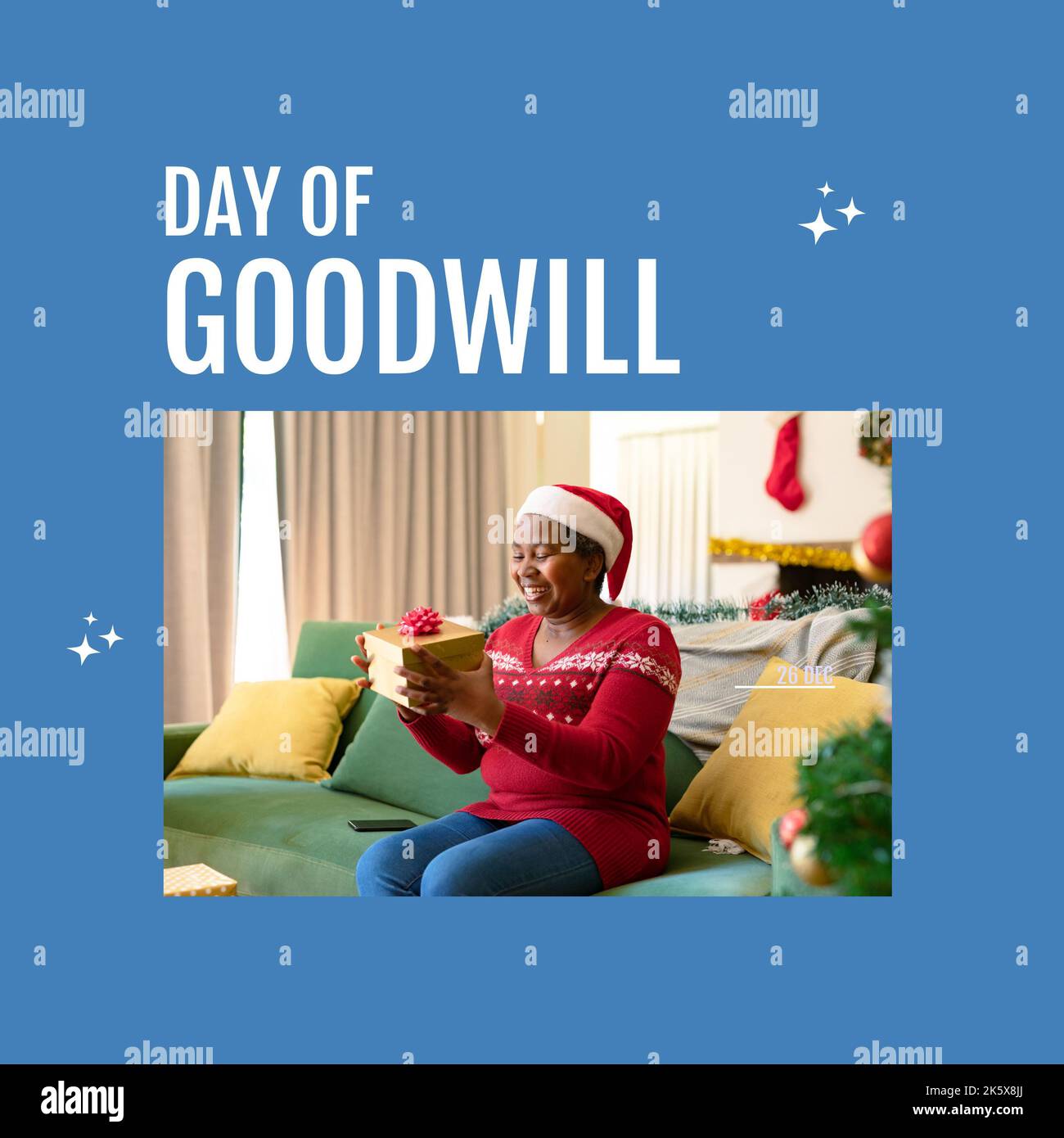 Composition of day of goodwill text over smiling african american woman ...