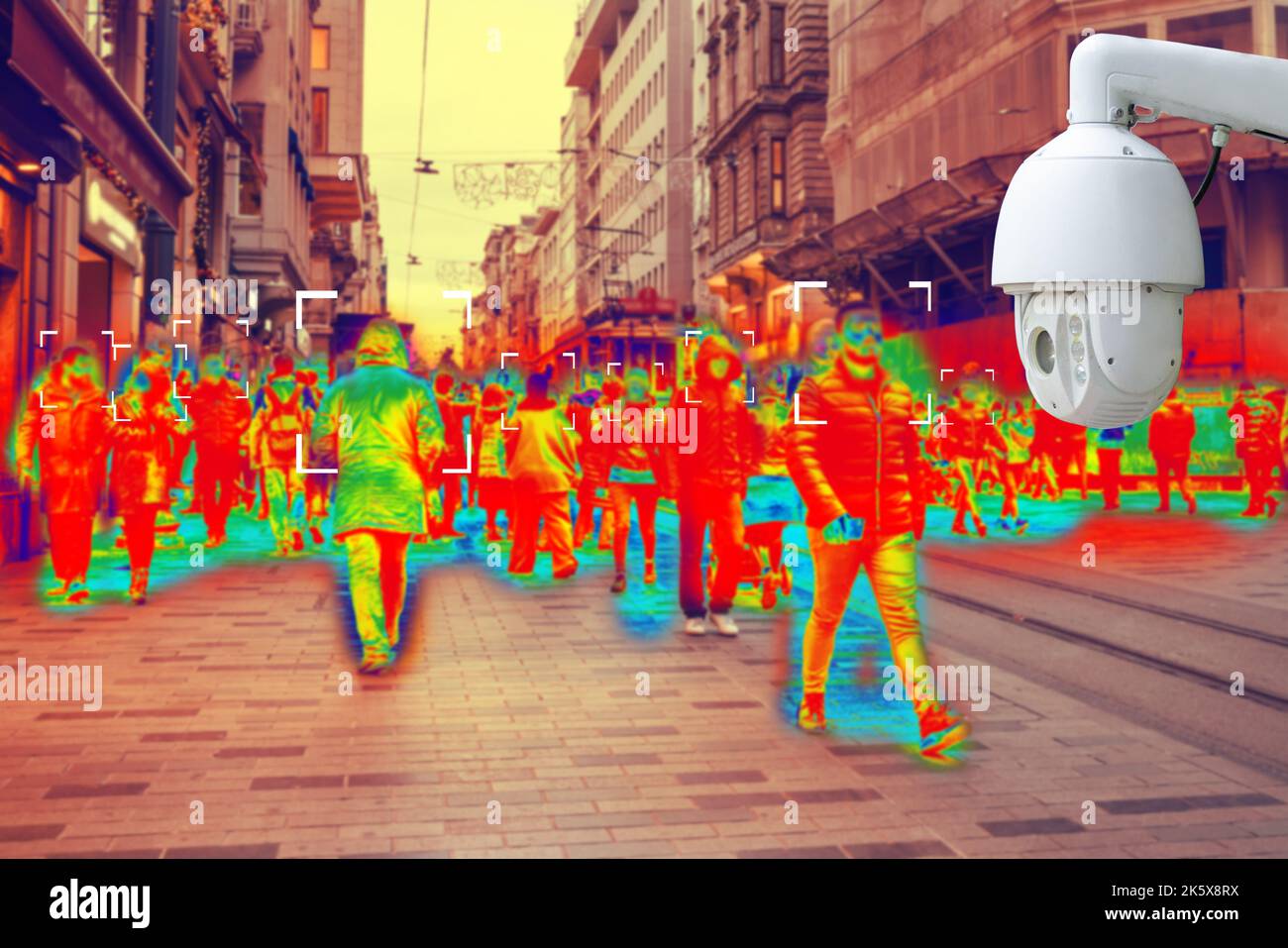CCTV. Simulation of body temperature check by thermoscan or infrared ...