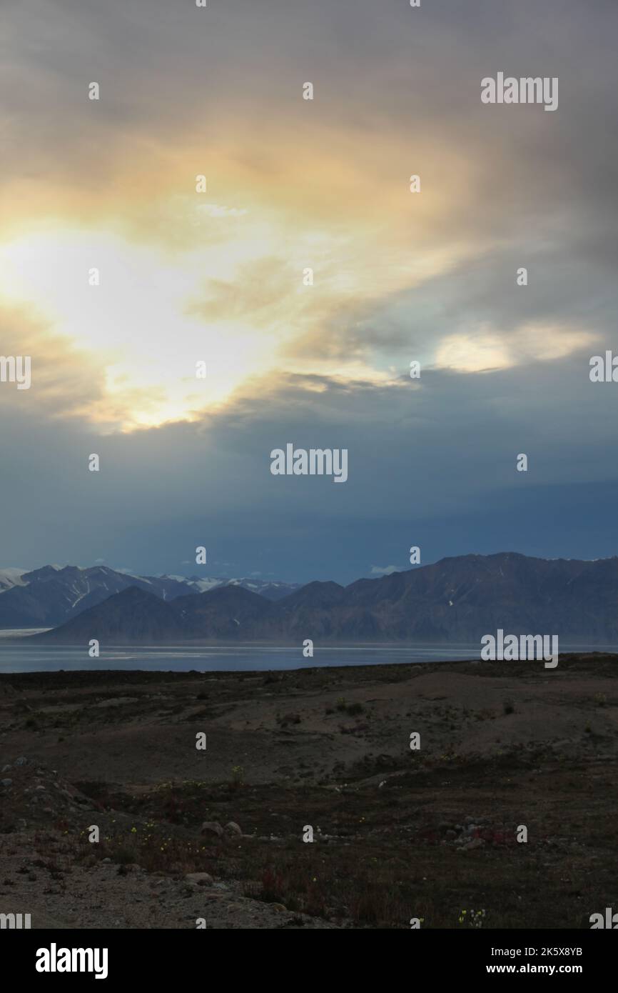 View of mountains across the bay from the community of Pond Inlet in ...