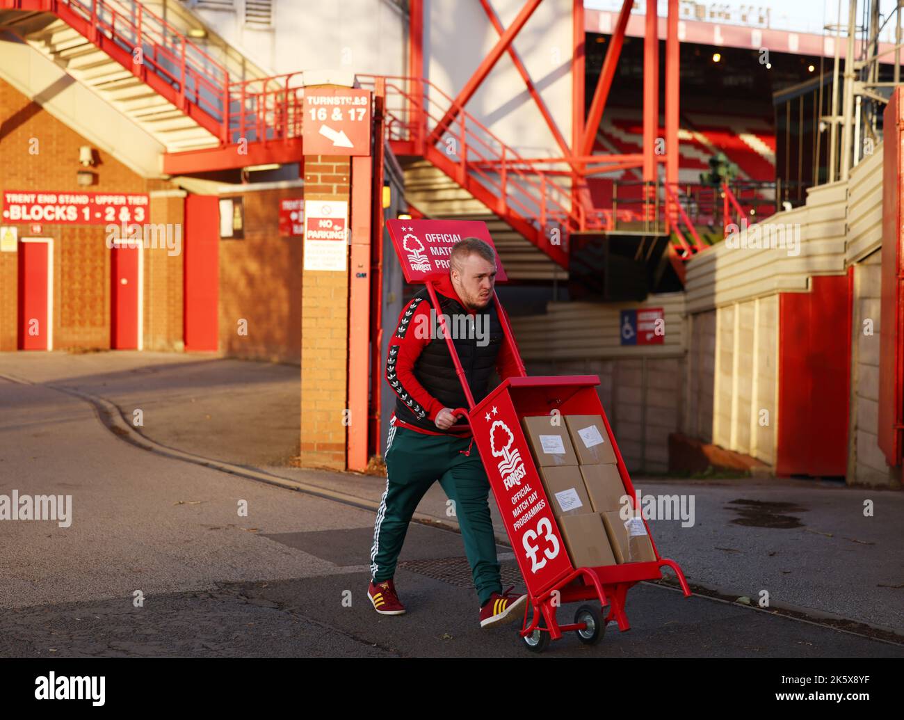 Nottingham, England, 10th October 2022. A programme seller arrives for ...