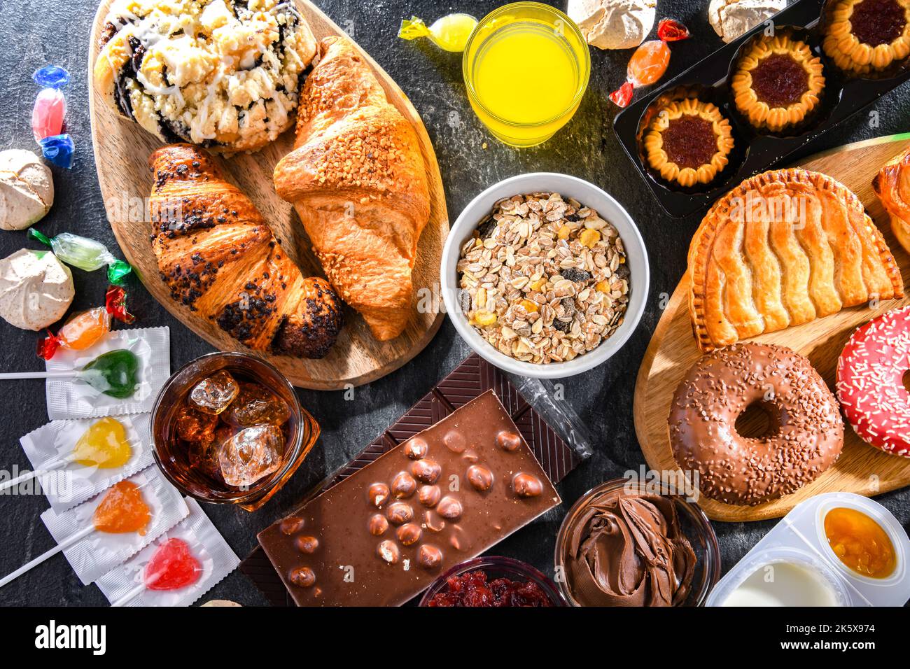Food products containing a significant amount of sugar. Junk food Stock ...