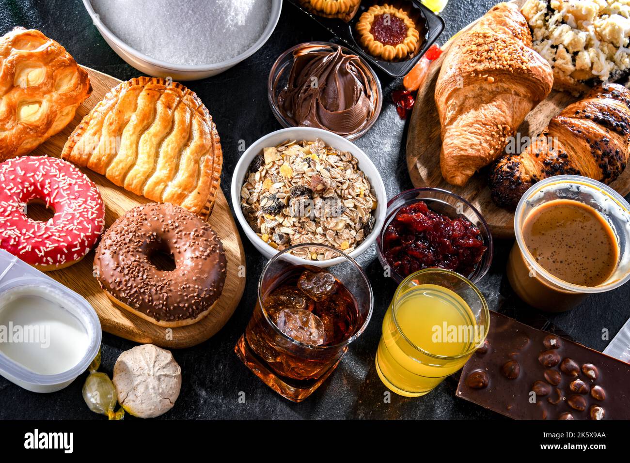 Food products containing a significant amount of sugar. Junk food Stock ...