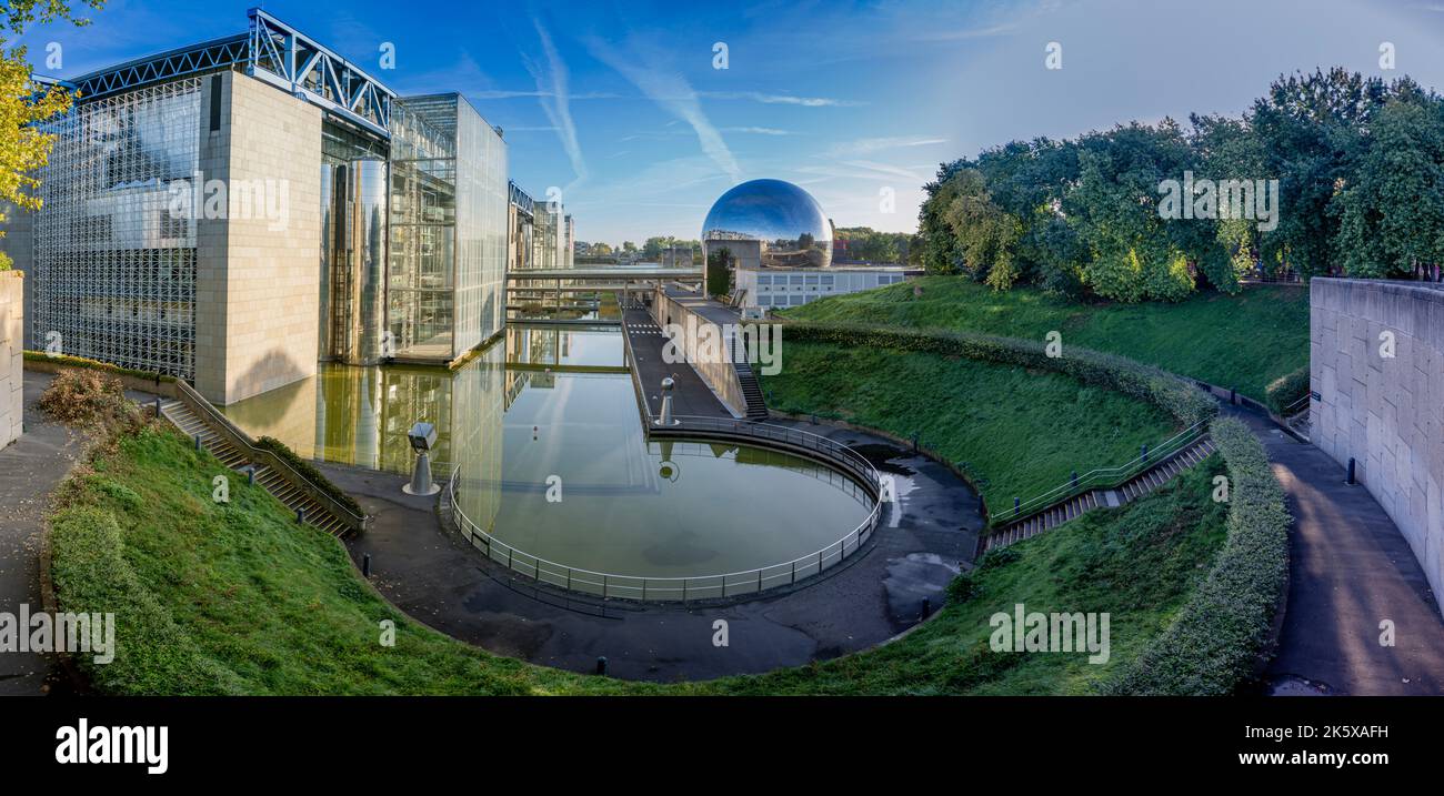 Villette Canal. View of La Geode and building of the Science and ...