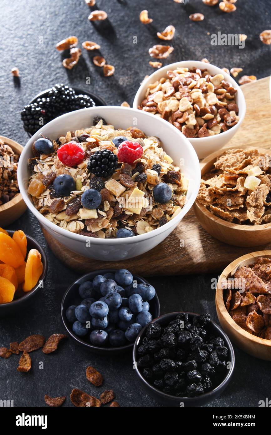 Composition with different sorts of breakfast cereal products and fresh ...