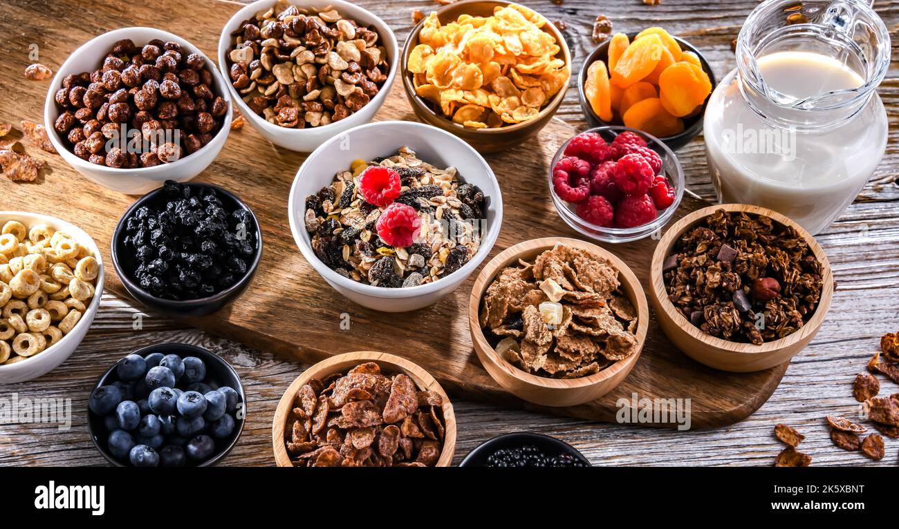 Composition with different sorts of breakfast cereal products and fresh ...