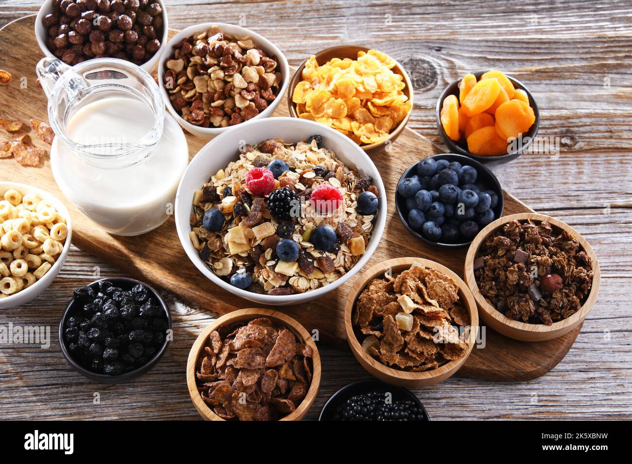 Composition with different sorts of breakfast cereal products and fresh ...