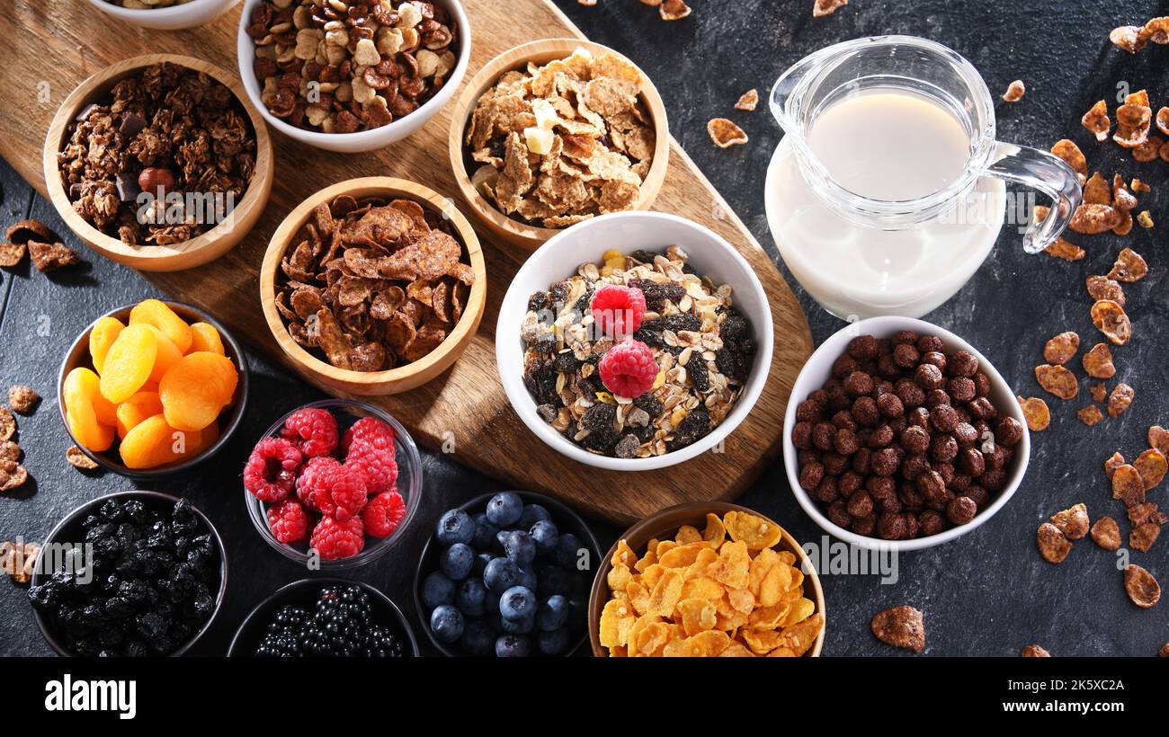 Composition with different sorts of breakfast cereal products and fresh ...