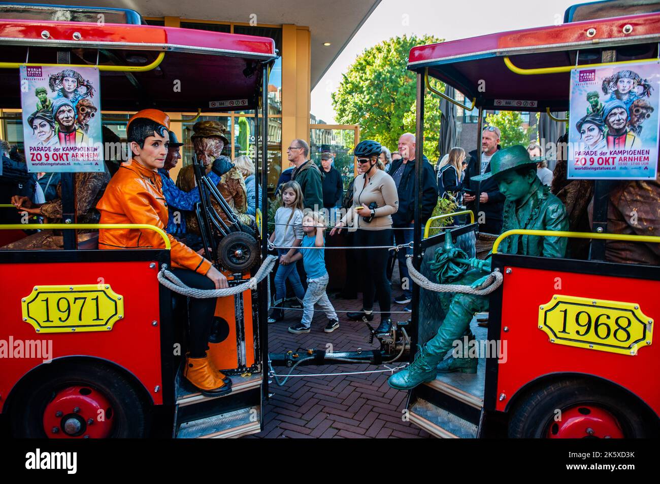 A train is seen full with artists ready to perform as living statues on ...