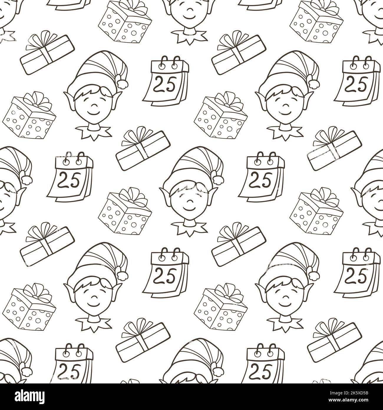 Festive Christmas seamless pattern with cute elves Santa Claus helpers ...