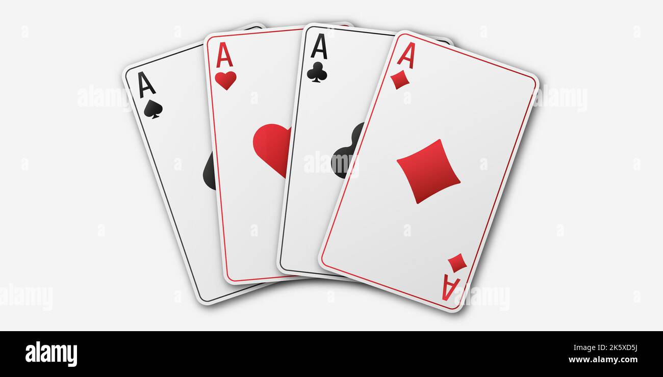 Fan of four cards ace of different suits. Hearts, spades, diamonds ...