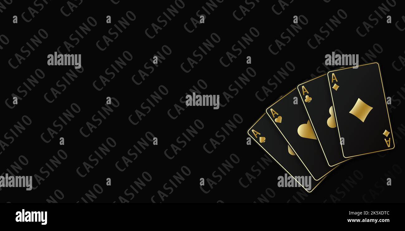 Fan of four black and gold card aces of different suits. Hearts, spades ...