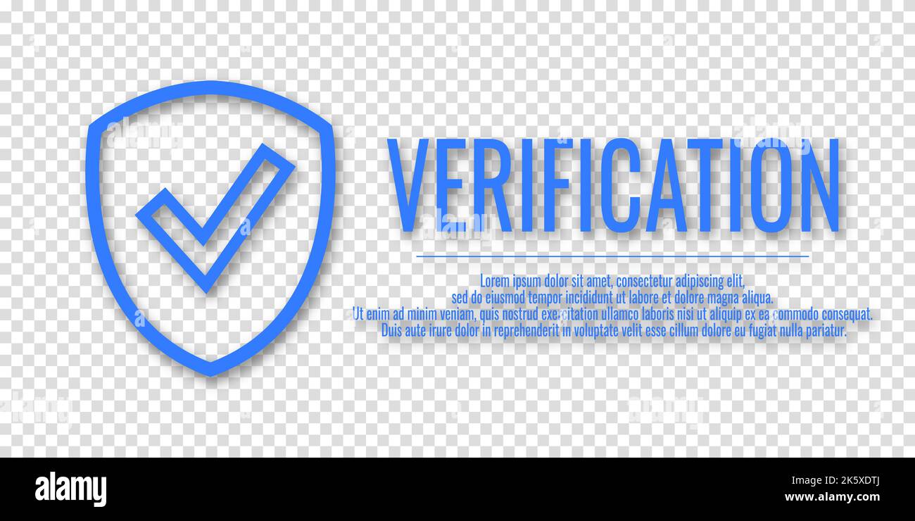 Shield blue icon with check mark. Data protection concept. verified information. Text ...