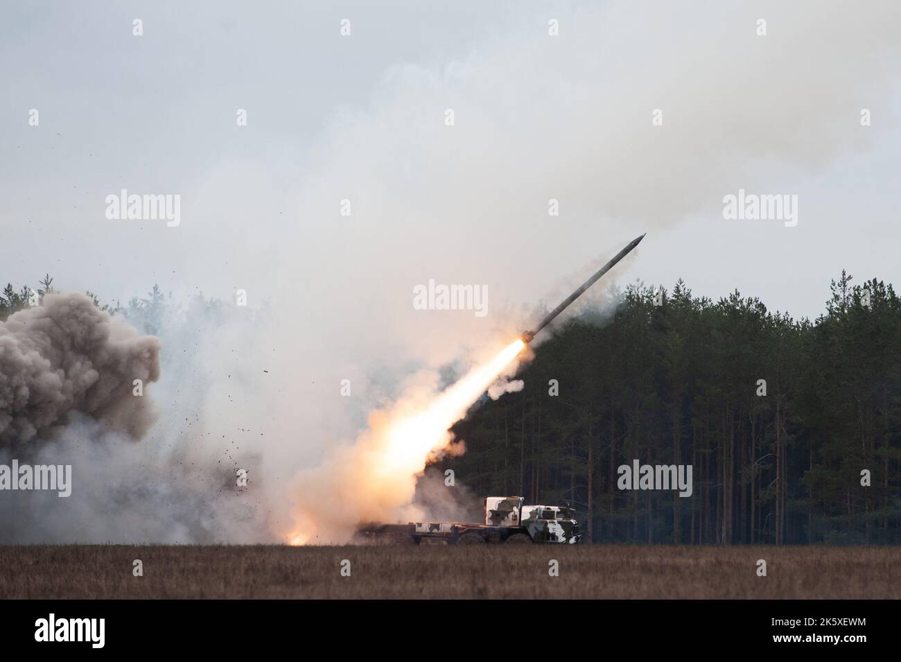 Launch of military missiles (rocket artillery) at the firing field ...