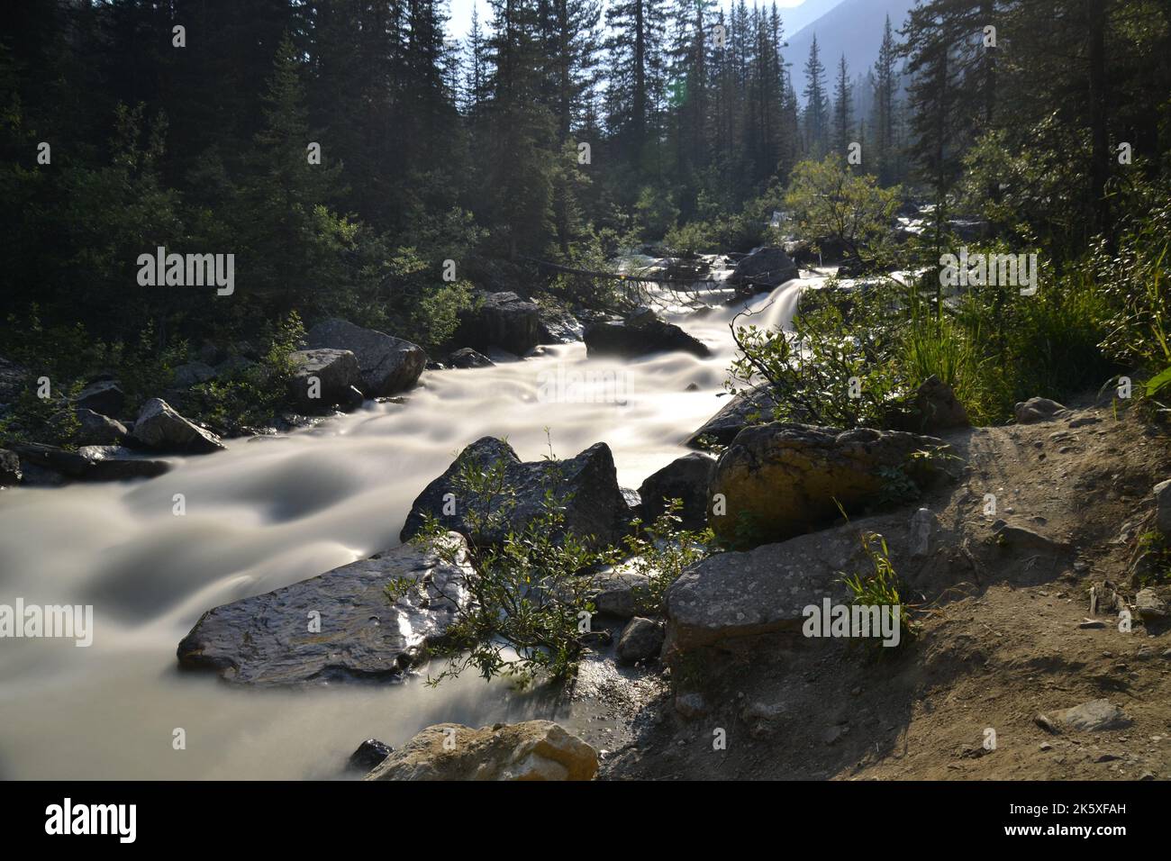 A long exposure shot of a rocky lake surrounded by forests in the ...