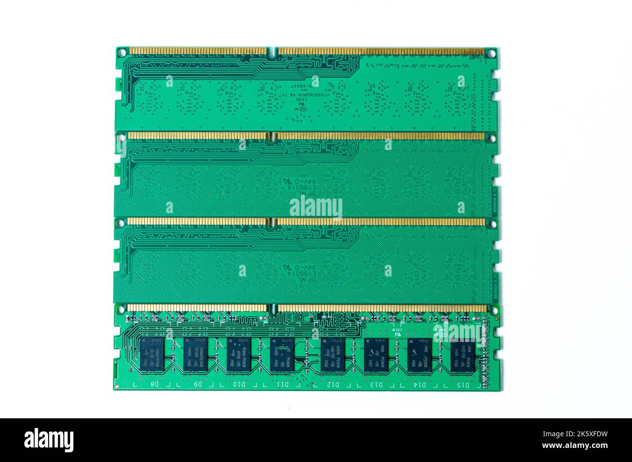 Computer memory card Close up memory socket on board computer server RAM on white background ...