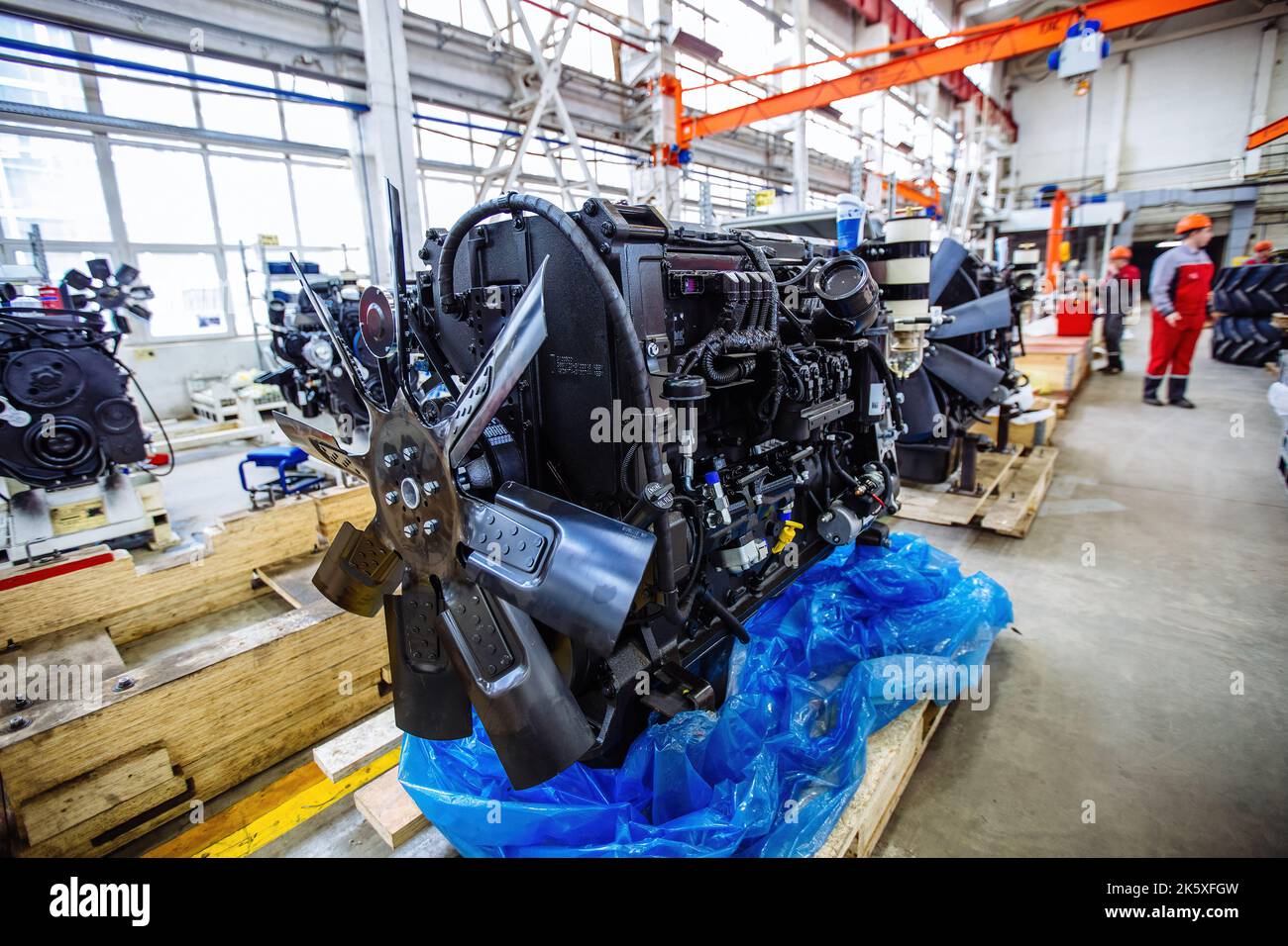 Modern diesel engine for assembling of machinery in the workshop Stock ...