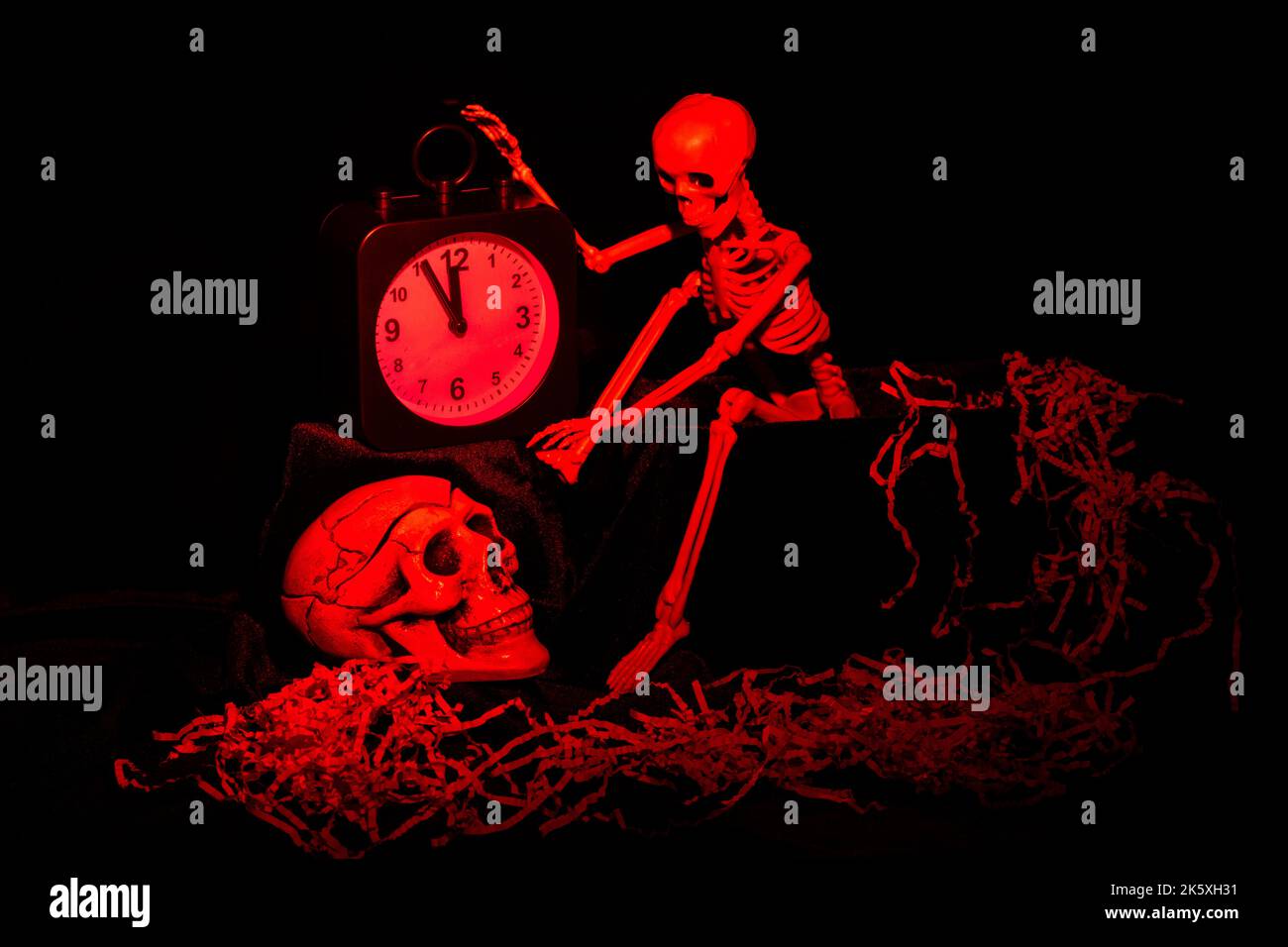 A skeleton waking up, crawling out of the grave and turning off the ...