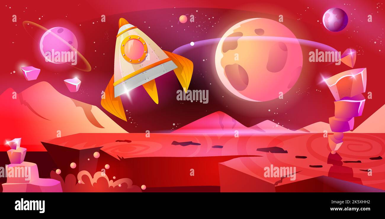 Alien planet landscape for space game background. Red sky with glowing ...