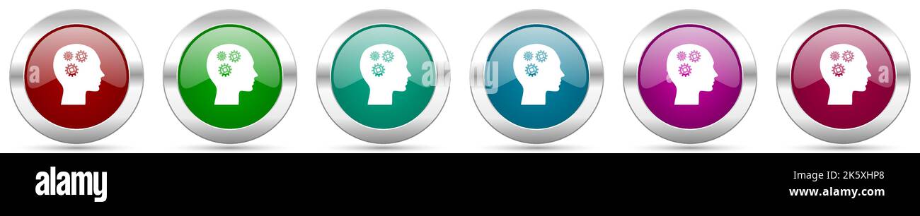 Head silver metallic vector icon set, round glossy buttons with chrome ...