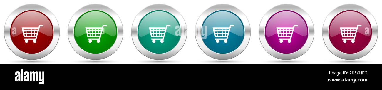 Shopping cart, shop, trolley silver metallic vector icon set, round ...