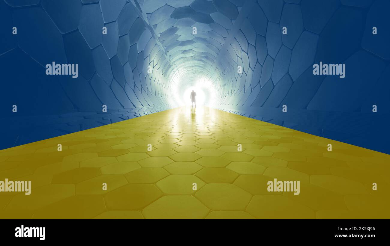Concept or conceptual blue and yellow tunnel, the Ukrainian flag colors ...