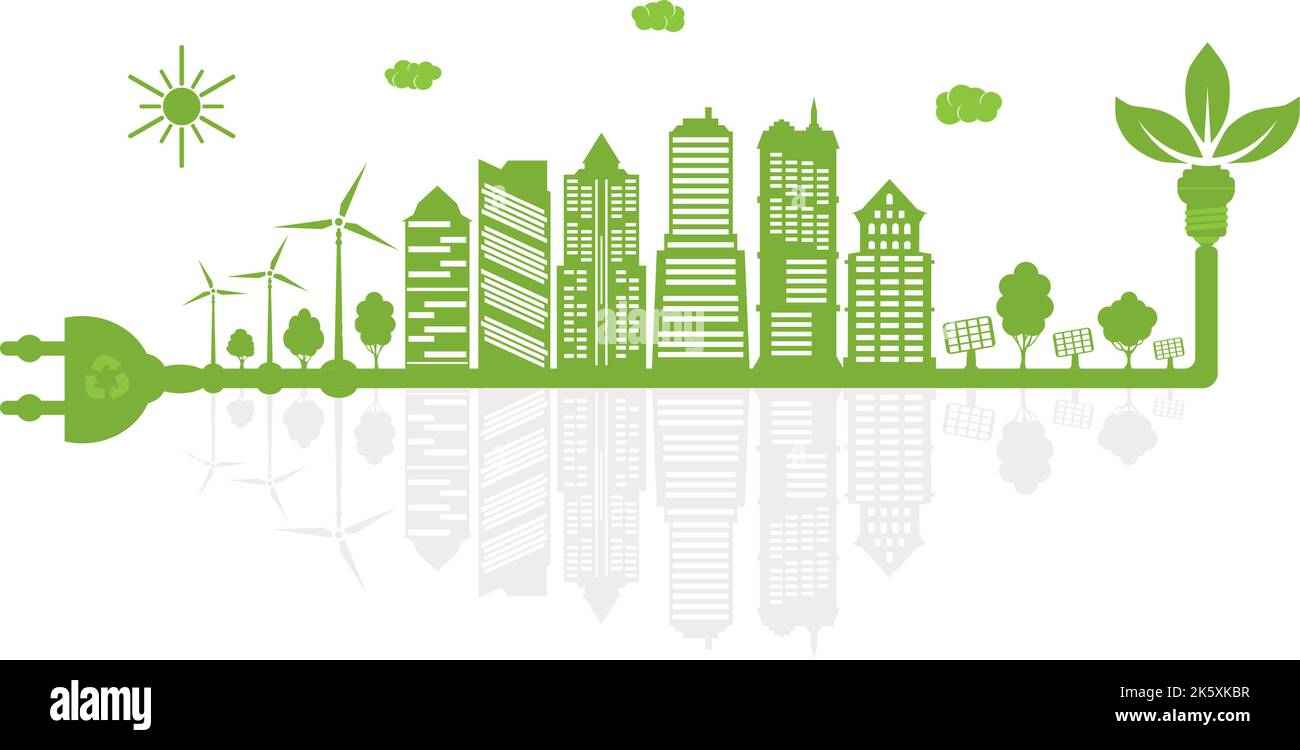 Green city with renewable energy sources. Ecological city with mirror ...
