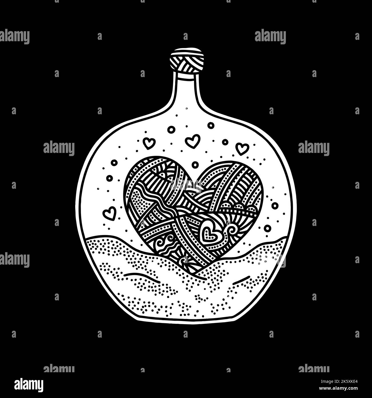 Doodle style illustration. A heart inside the bottle, a design element ...
