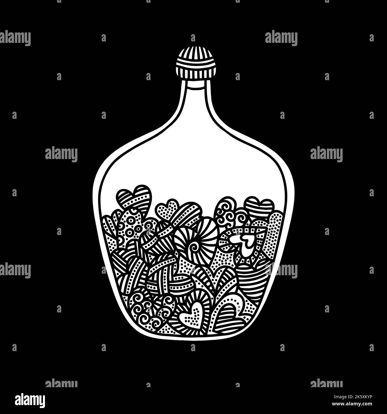 Doodle style illustration. Hearts inside the bottle, hand-drawn Stock ...